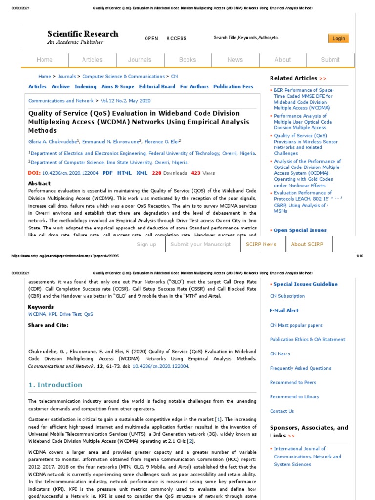 Quality of Service (QoS) Evaluation in Wideband Code Division Multiplexing Access (WCDMA ...
