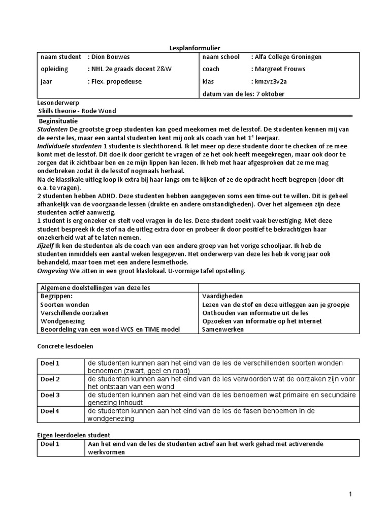Lesplanformulier VPT Rode Wond | PDF