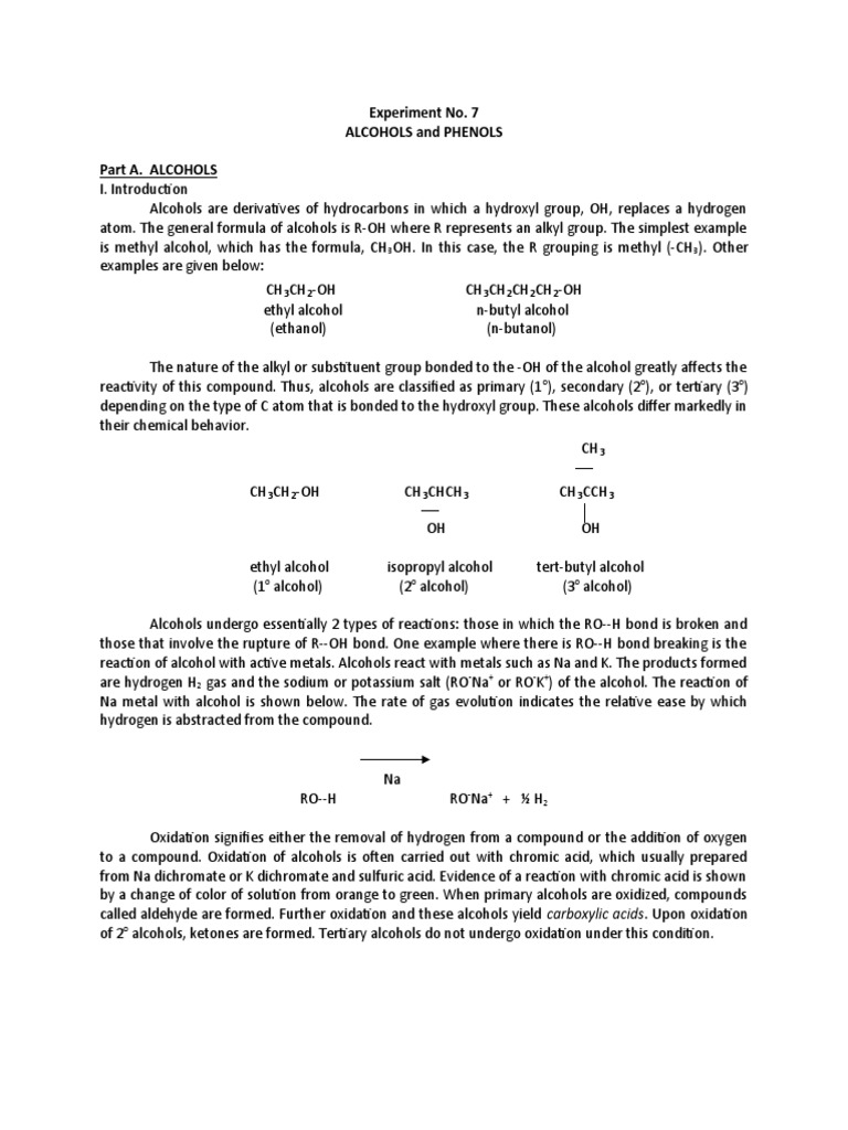 Experiment No. 7 Alcohols and Phenols Part A. Alcohols | PDF | Ethanol ...