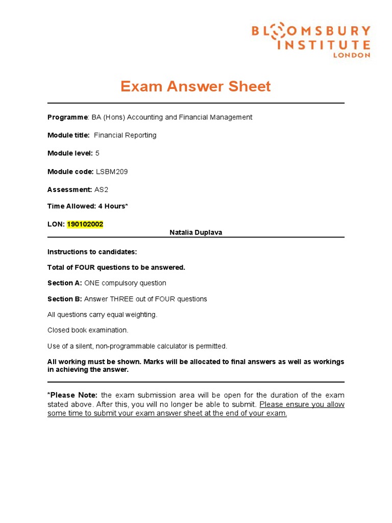 LSBM209 - AS2 - Exam Answer Sheet | PDF | Depreciation | Equity (Finance)