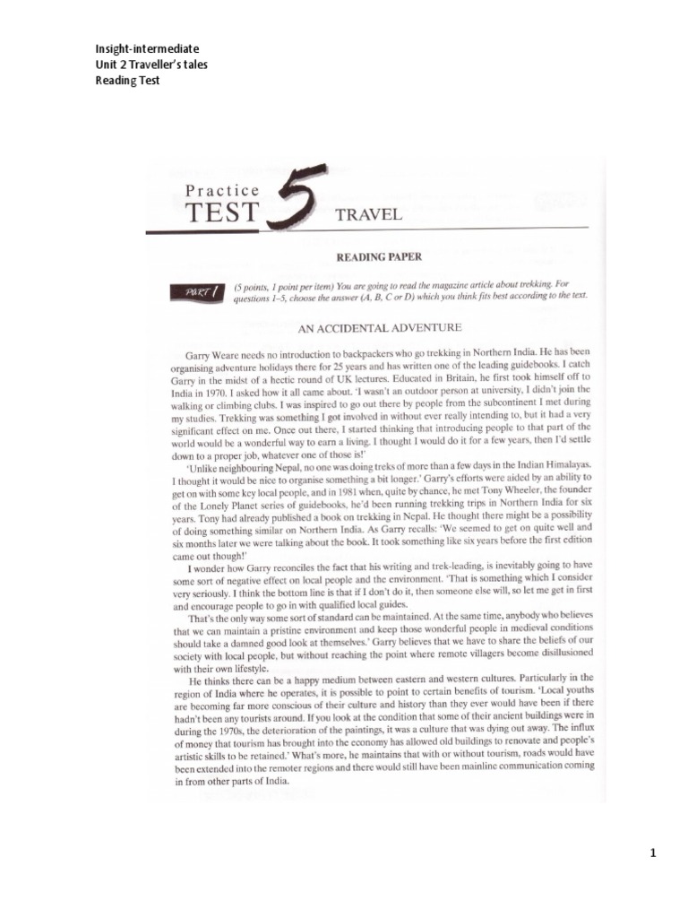 Reading Test Unit 2 New | PDF