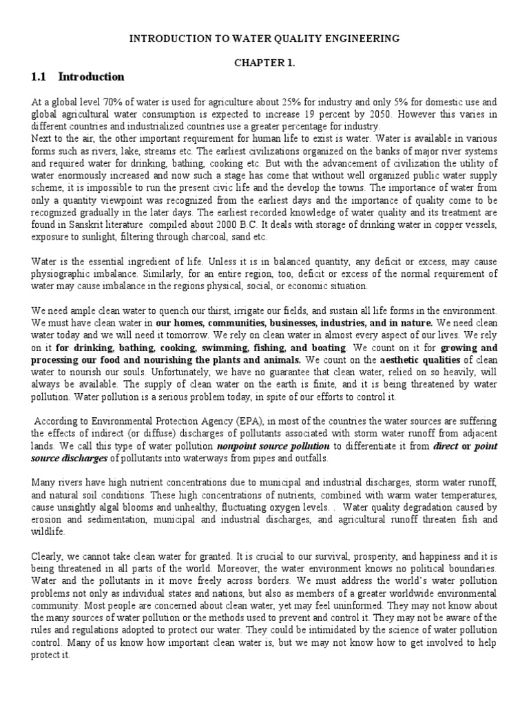 Chapter - 1 INTRODUCTION TO WATER QUALITY ENGINEERING | PDF | Water ...