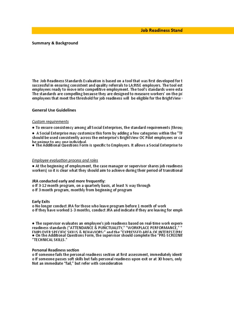 Summary & Background: Job Readiness Standards Evaluation Tool | PDF ...