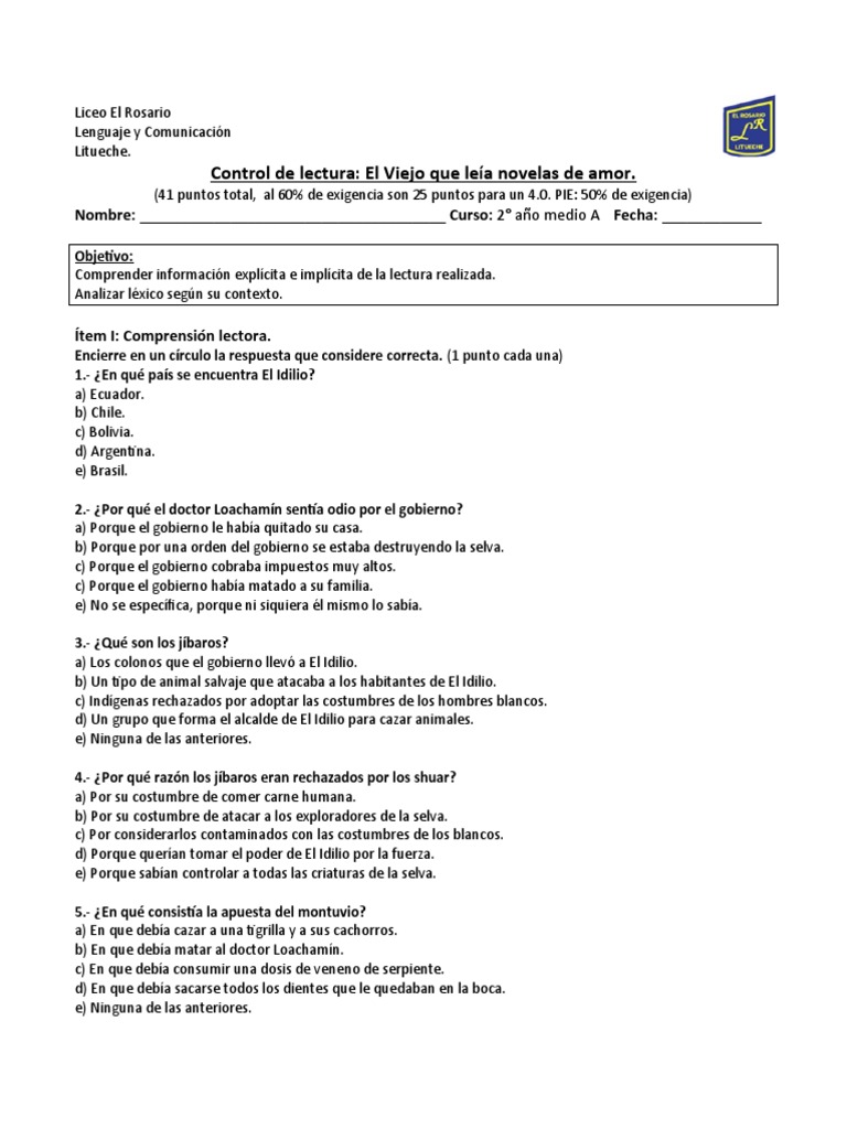 Control de Lectura: El Viejo que leía Amor | PDF | Serpiente