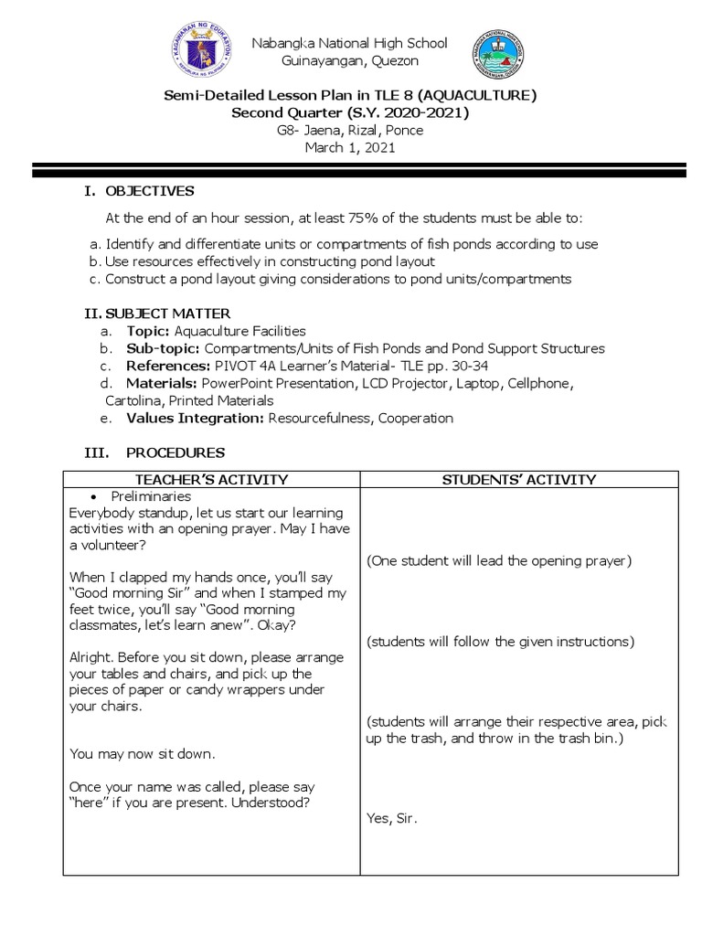 Semi-Detailed Lesson Plan in TLE 8 (AQUACULTURE) Second Quarter (S.Y ...