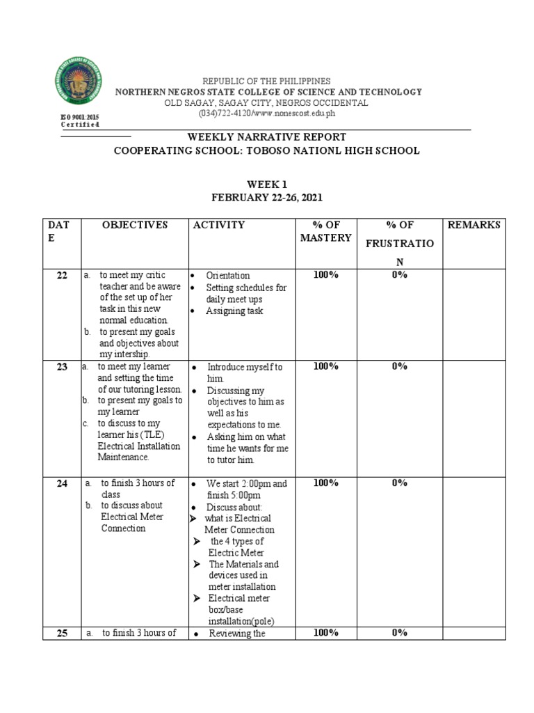 Weekly Narrative Report | PDF | Behavior Modification | Teaching