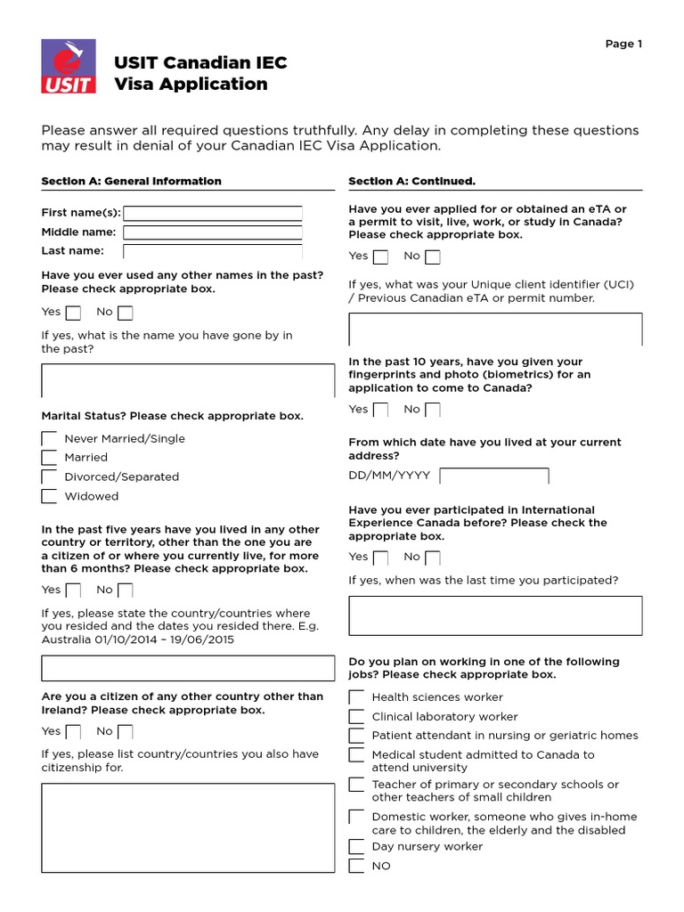 USIT Canadian IEC Visa Application | PDF | Travel Visa | Government And ...