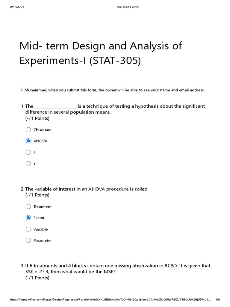 Mid-Term Design and Analysis of Experiments-I (STAT-305) | PDF ...