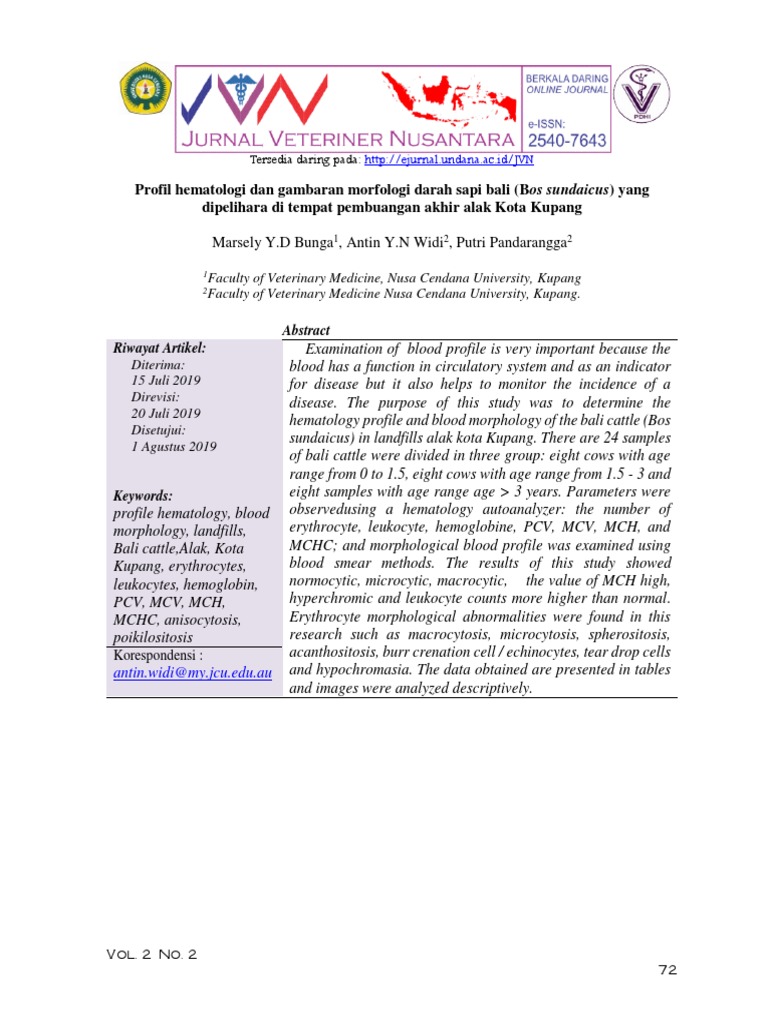Profil Hematologi Dan Gambaran Morfologi Darah Sapi Bali (Bos Sundaicus ...