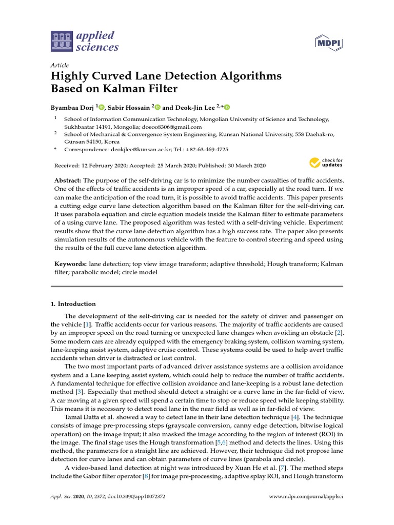 Highly Curved Lane Detection Algorithms Based On Kalman Filter | PDF | Kalman Filter | Equations