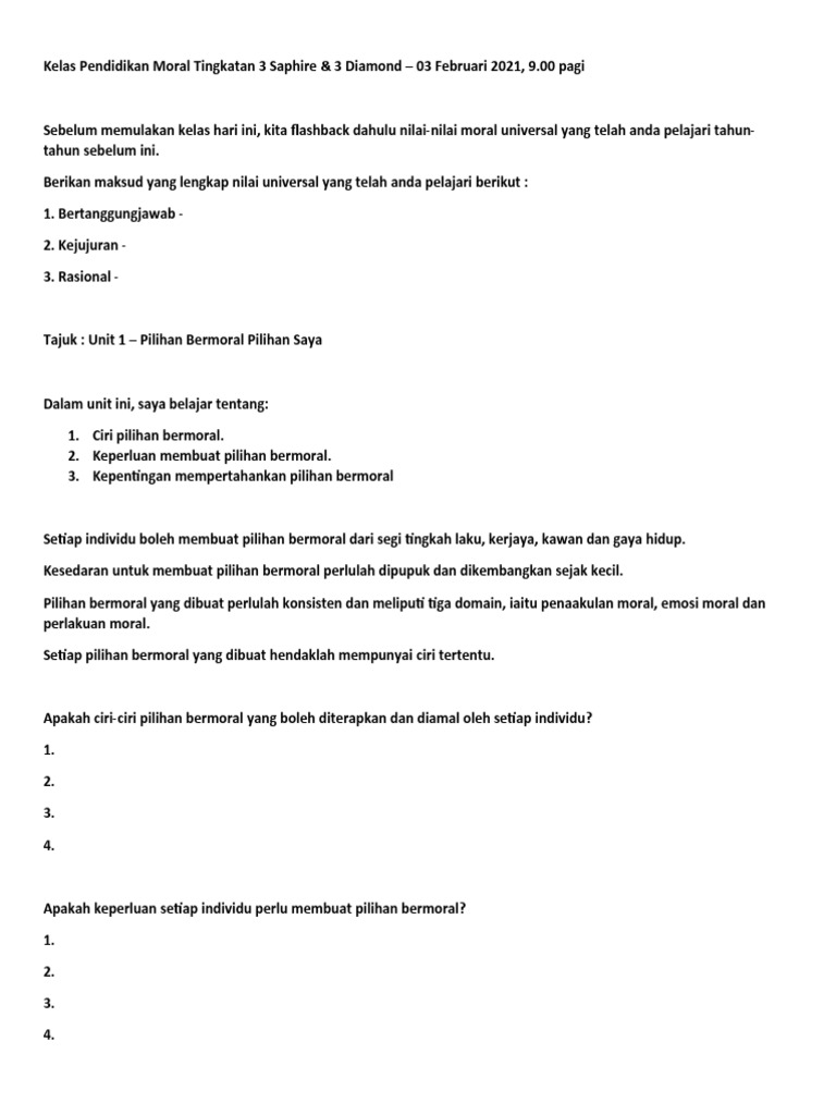 Kelas Pendidikan Moral Tingkatan 3 Saphire Diamond 3.02.2021 | PDF