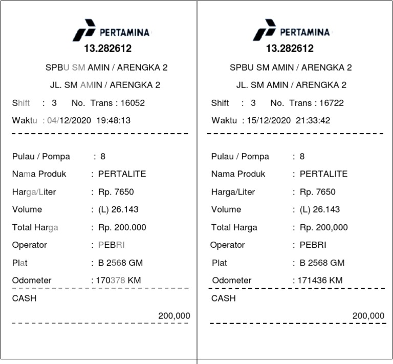 Contoh Struk Bensin Pertamina | PDF
