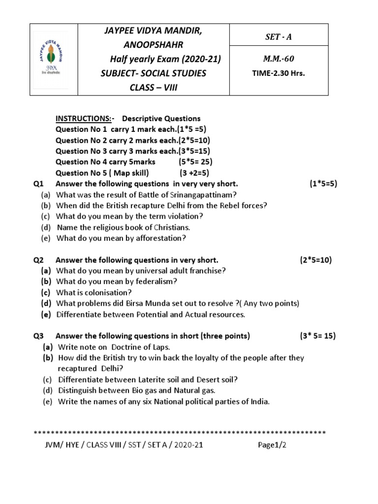 Class 8 SST Ncert Question Paper Sample New 2020-2021 | PDF | Religion ...