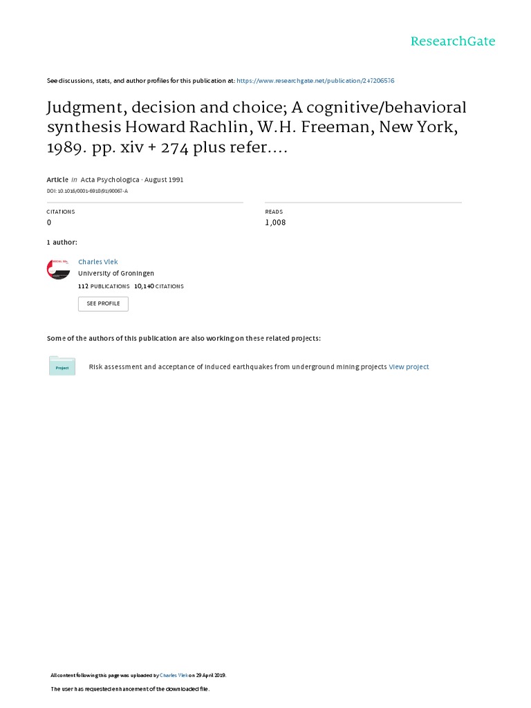 Judgment, Decision and Choice A Cognitive/behavioral Synthesis Howard ...