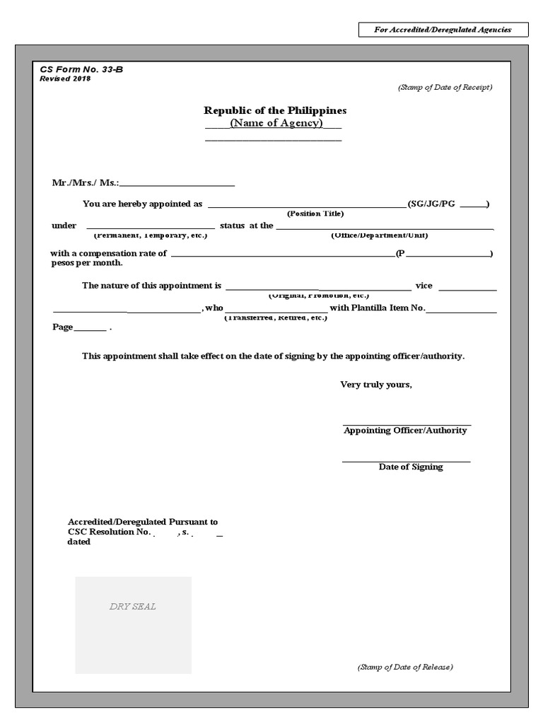 CS Form No. 33-B Appointment Form - Accredited | PDF | Judiciaries ...