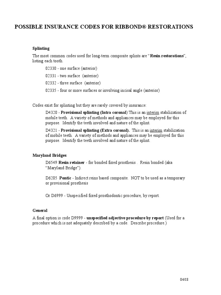 Possible Insurance Codes For Ribbond® Restorations: Splinting | PDF