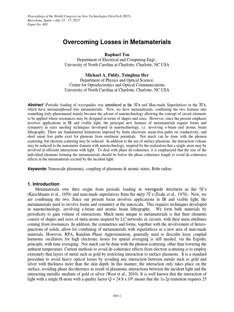 Overcoming Losses in Metamaterials | PDF | Metamaterial | Plasmon