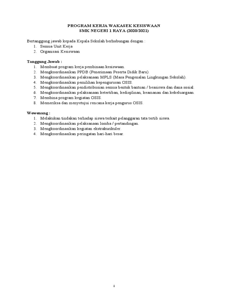 Program Kerja Wakasek Kesiswaan SMK N1 Raya | PDF