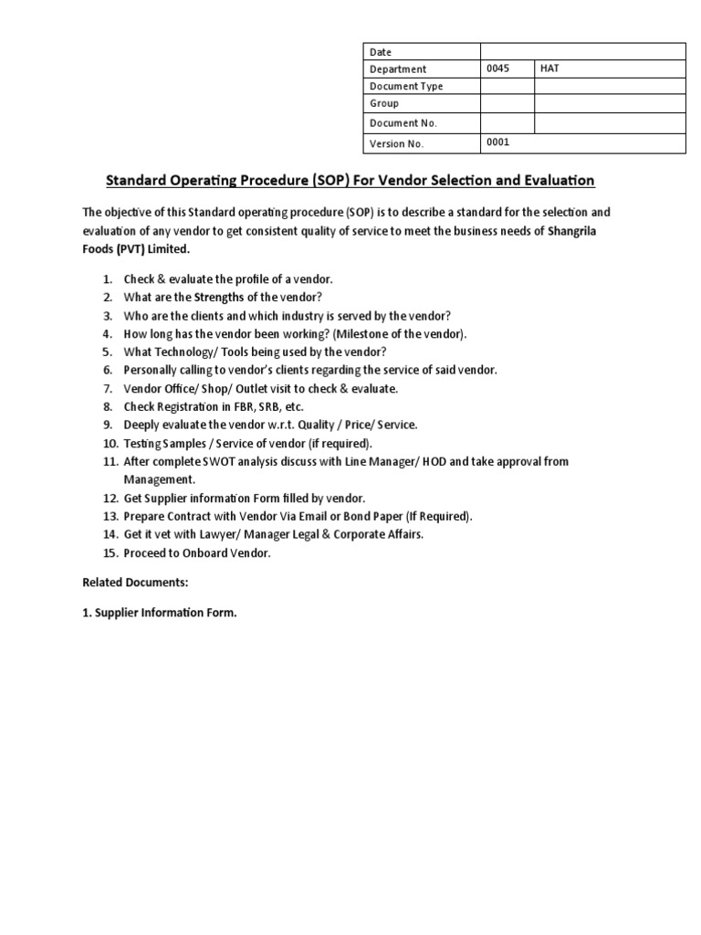 Standard Operating Procedure For Vendor Selection | PDF
