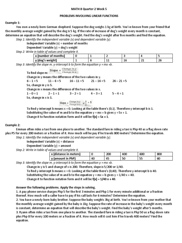 MATH 8 Quarter 2 Week 5 Problems Involving Linear Functions Example 1 ...