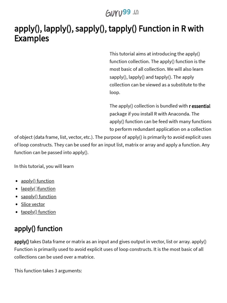 Apply, Lapply, Sapply, Tapply Function in R With Examples | PDF | Computers