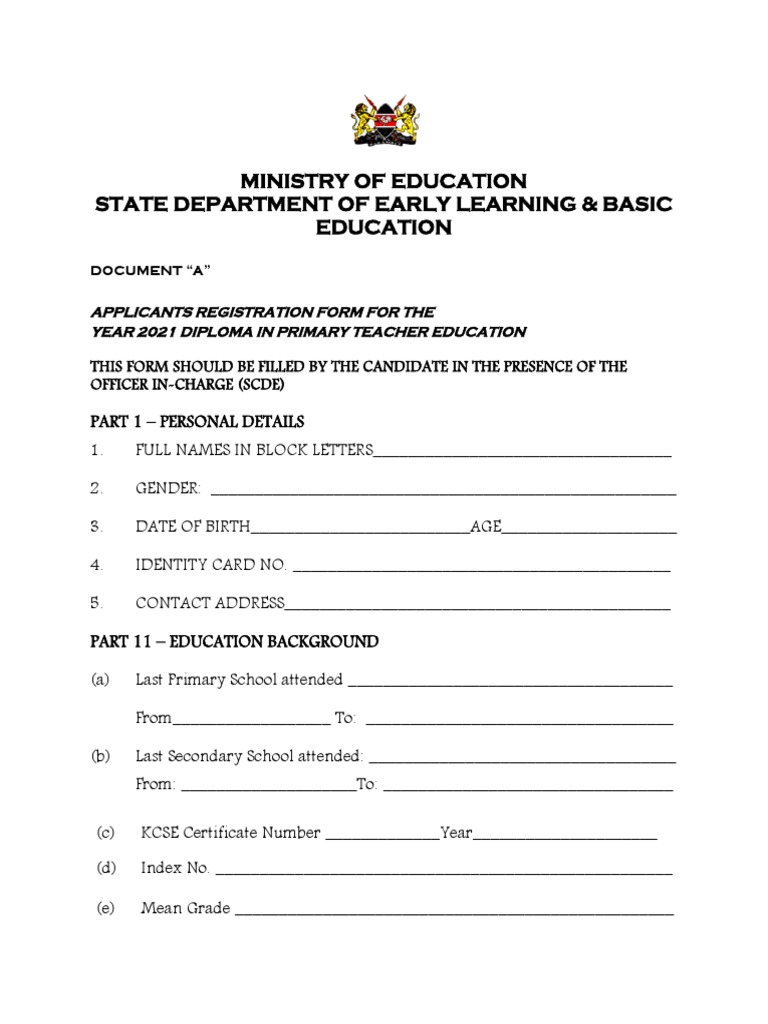 Application Form For Diploma in Primary Teacher Education DPTE | PDF ...