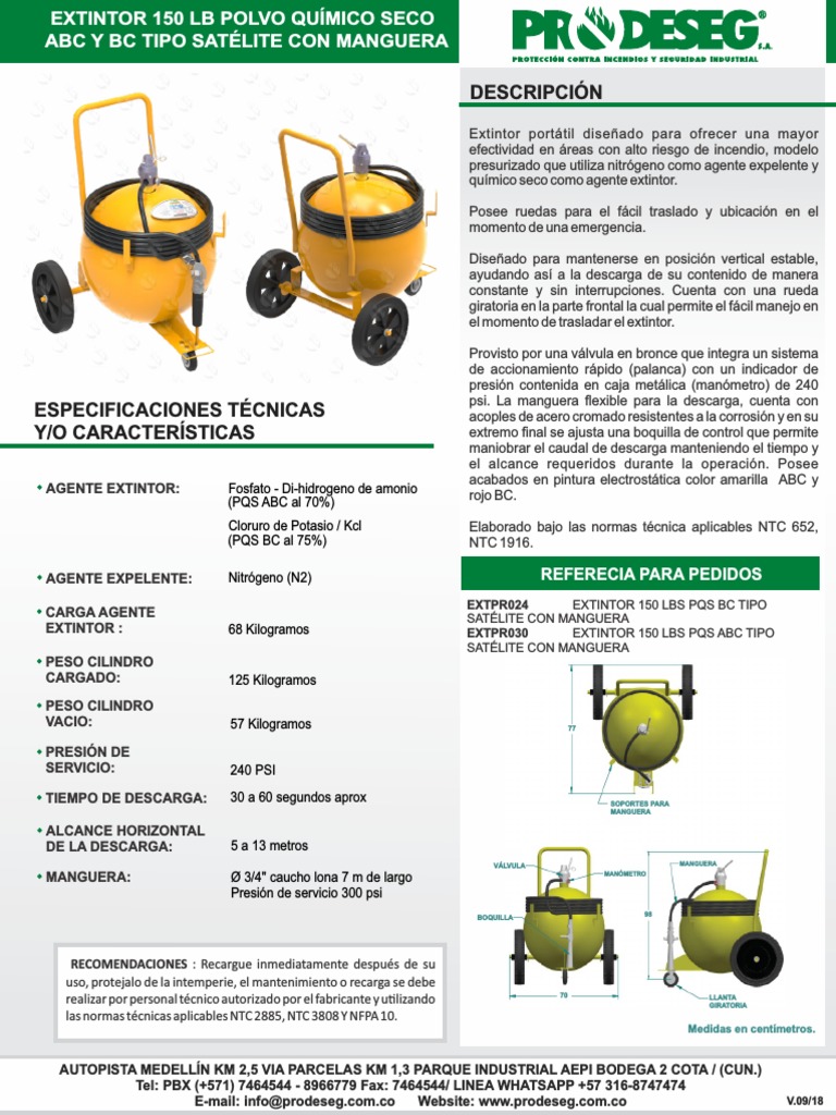 Ficha Tecnica Extintor de 150 LBS PQS Abc Tipo Satelite | PDF ...