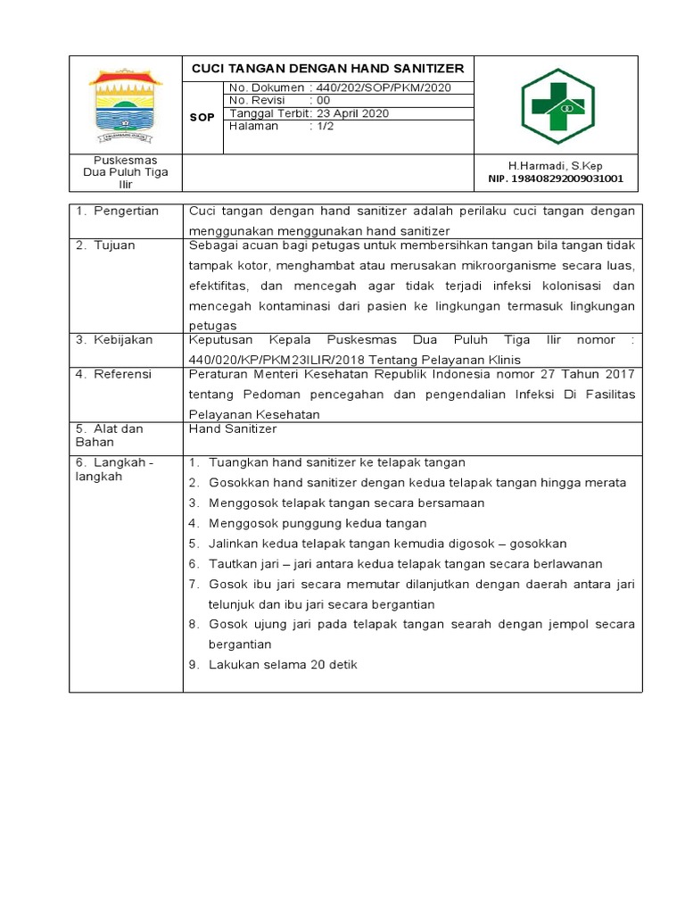 SOP Cuci Tangan Dengan Hand Sanitizer ILIR | PDF
