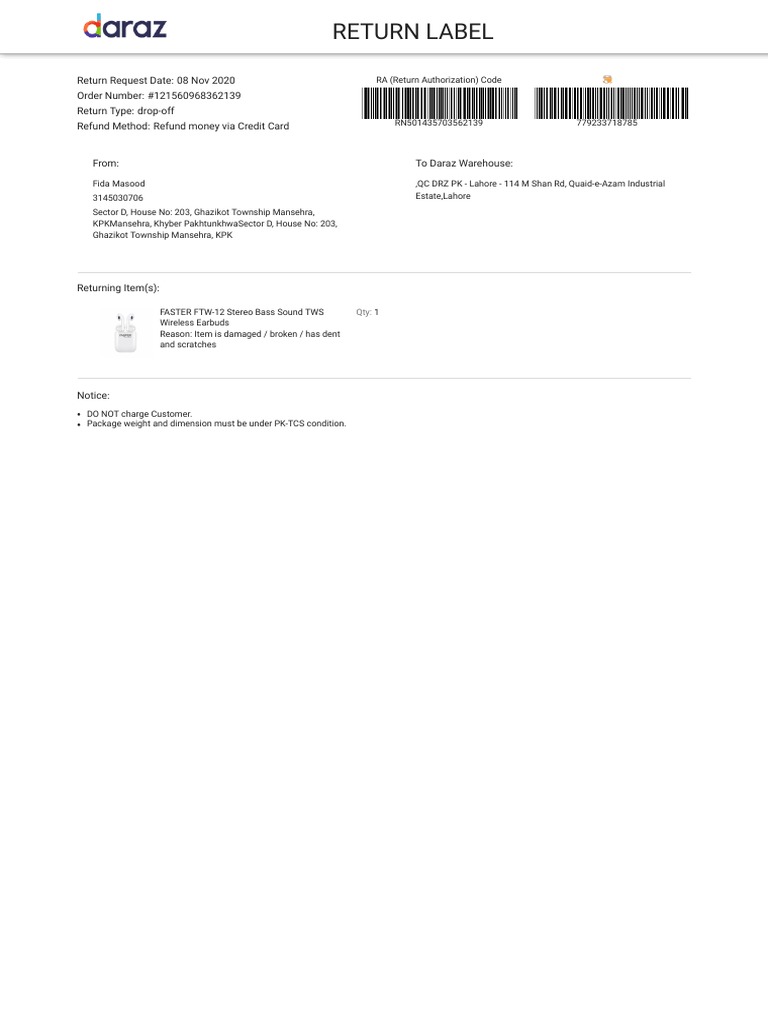 Return Request Date: 08 Nov 2020 Order Number: #121560968362139 Return ...