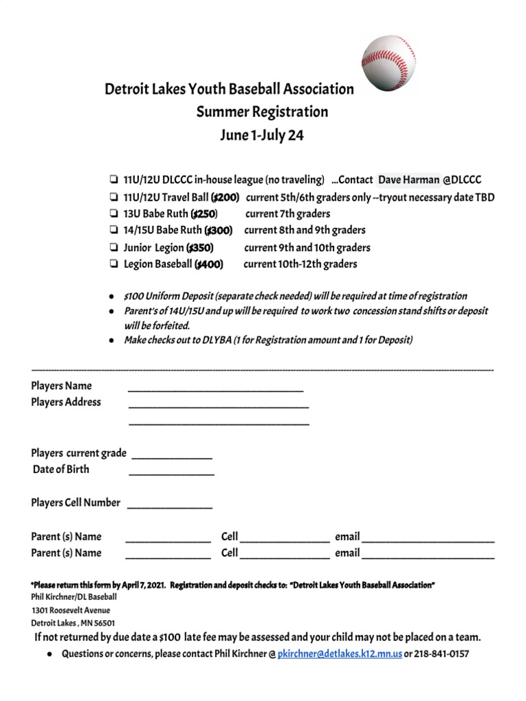Baseball Registration | PDF | Baseball Field | Sports Rules And Regulations