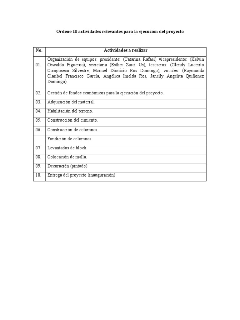 Ordene 10 Actividades Relevantes para La Ejecución Del Proyecto | PDF