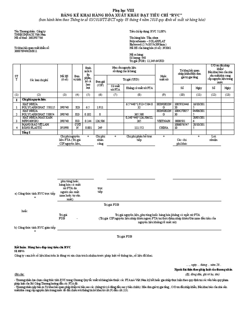 Bang Ke Khai Hang Hoa Xuat Khau Dat Tieu Chi RVC 4812 | PDF