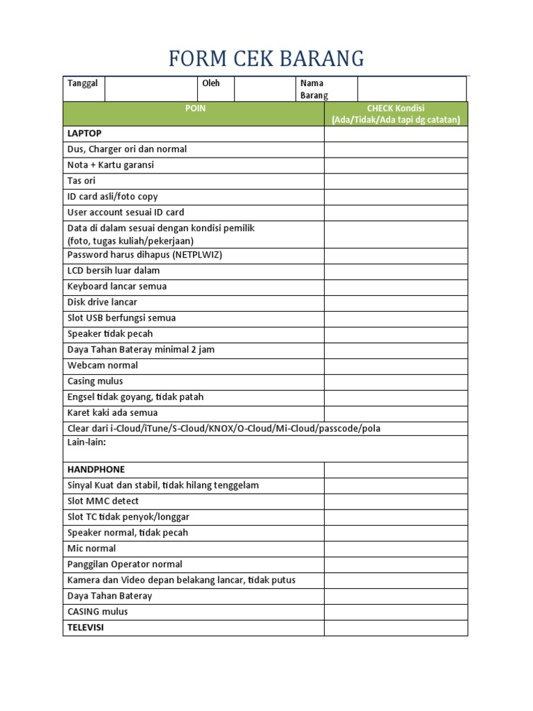 Form Cek Barang | PDF