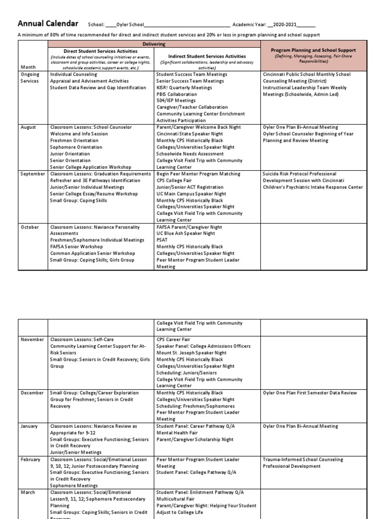 Oyler School Counselor Annual Calendar | PDF | School Counselor ...