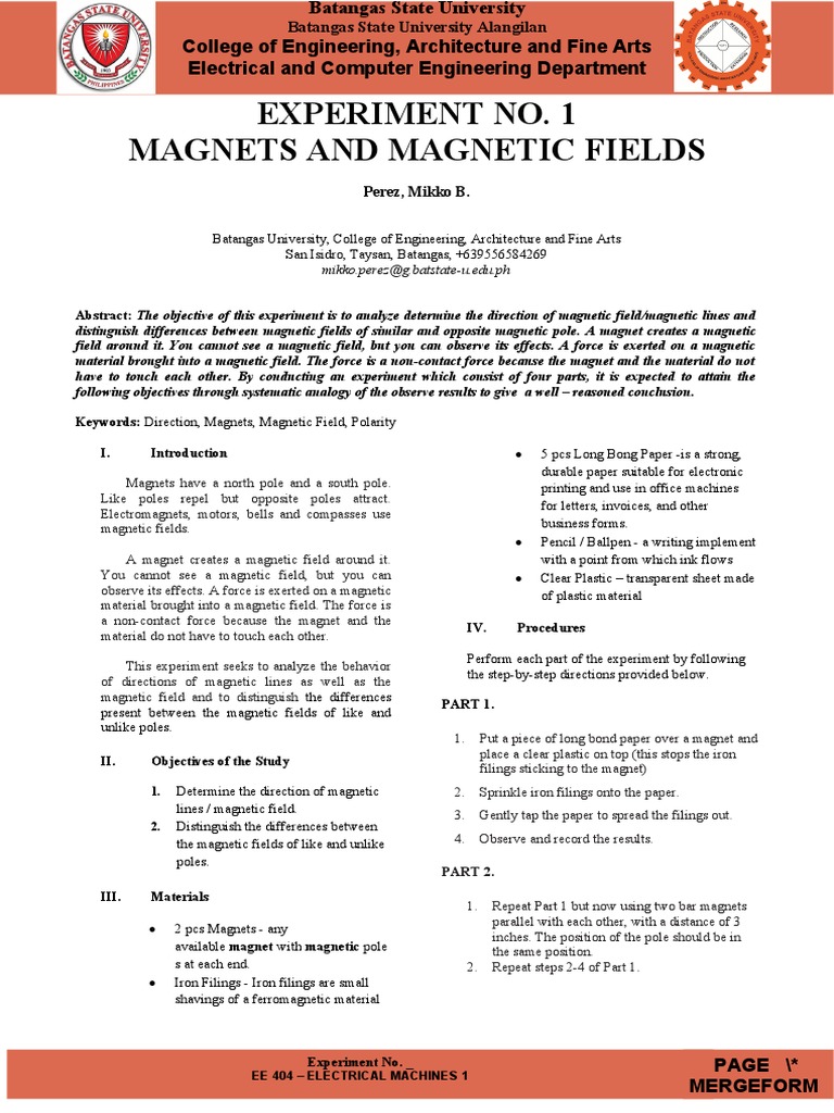 Experiment No. 1 Magnets and Magnetic Fields: Perez, Mikko B | Download ...