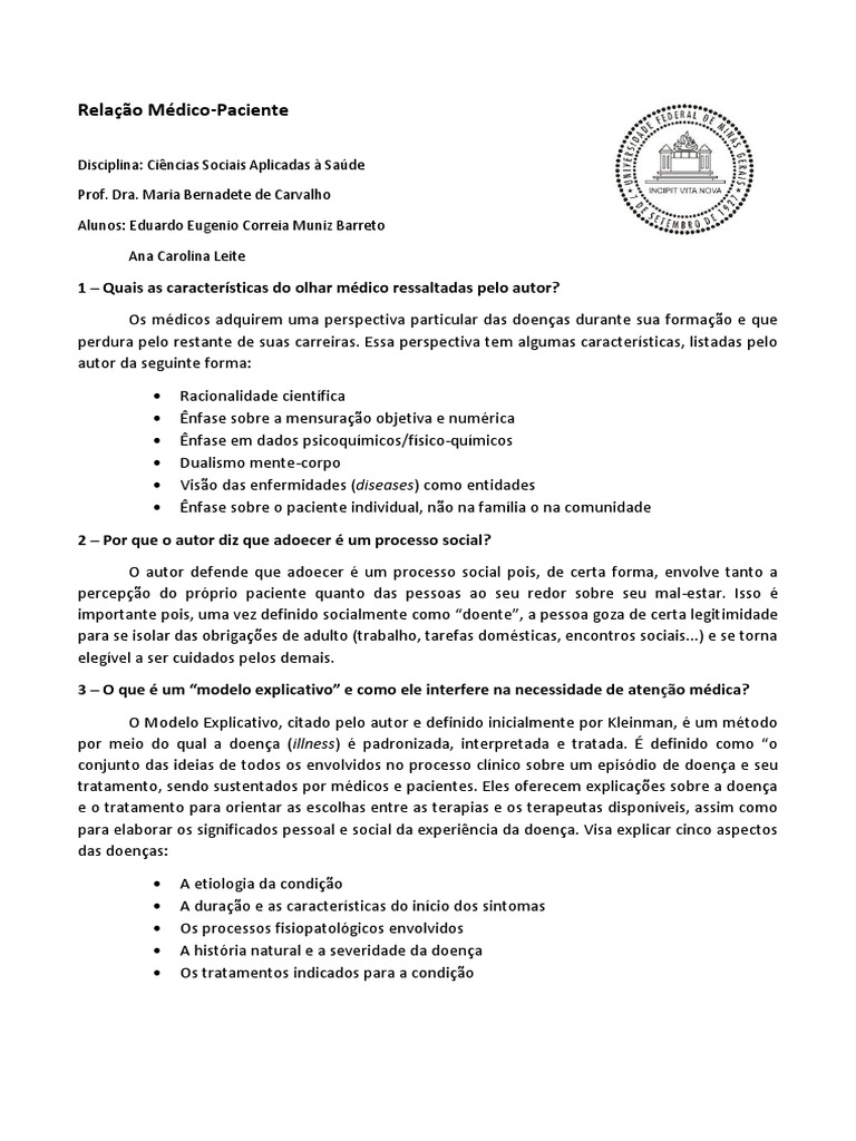 Resumo 7 - Relaçao Médico-Paciente | PDF | Sociologia | Science