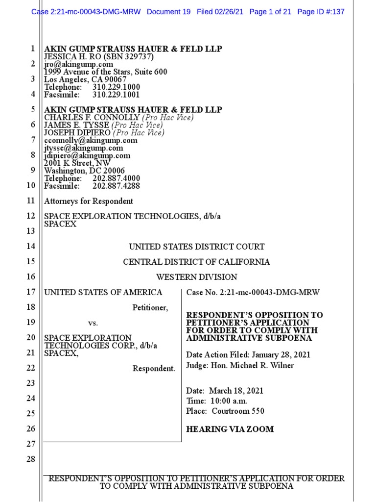 SpaceX Response DOJ Hiring Subpoena | Download Free PDF | Satellite ...