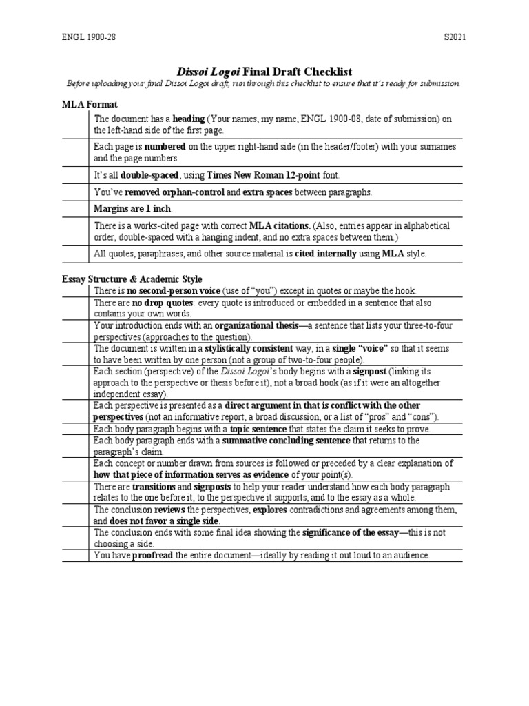 Dissoi Logoi Final Draft Checklist 1900-28 | PDF | Paragraph | Essays
