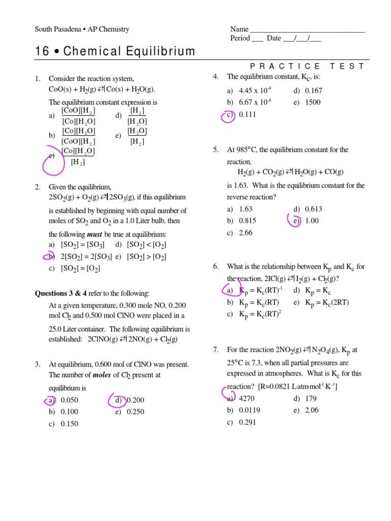 AP Chemistry Equilibrium Practice Test | PDF | Chemical Equilibrium ...