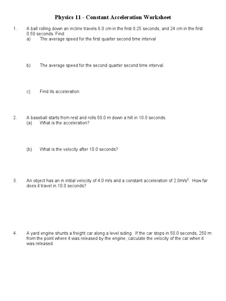 Physics 11 - Worksheet - Constant Acceleration | PDF | Acceleration | Orbit