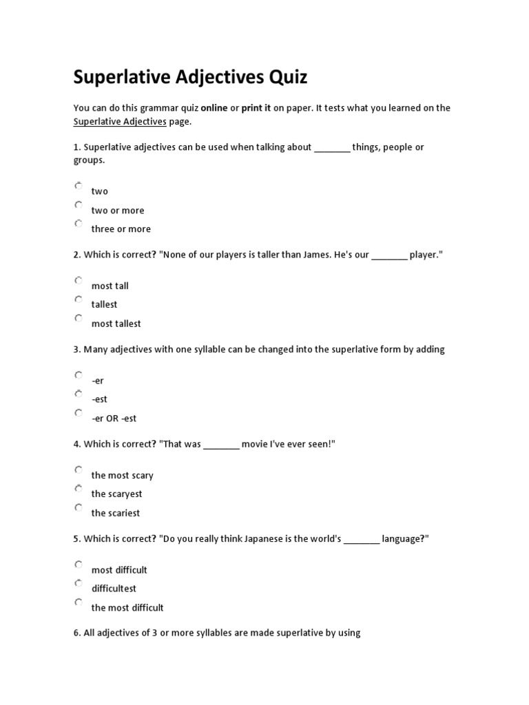 Superlative Adjectives Quiz | PDF