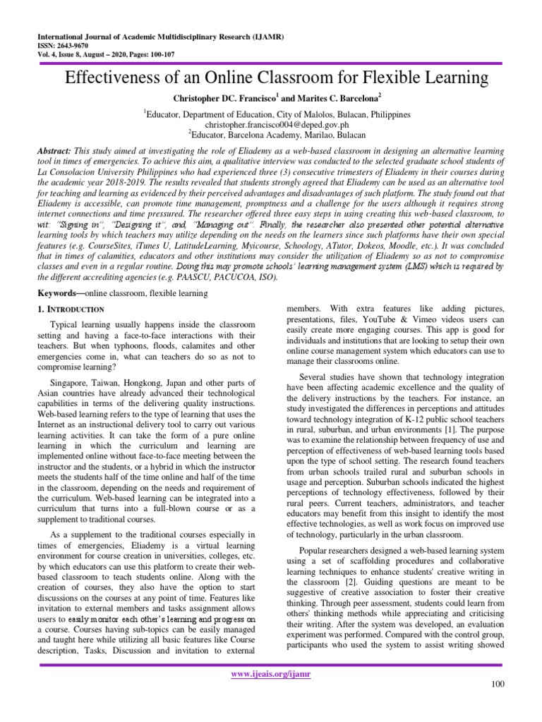 Effectiveness of An Online Classroom For Flexible Learning: Christopher DC. Francisco and ...