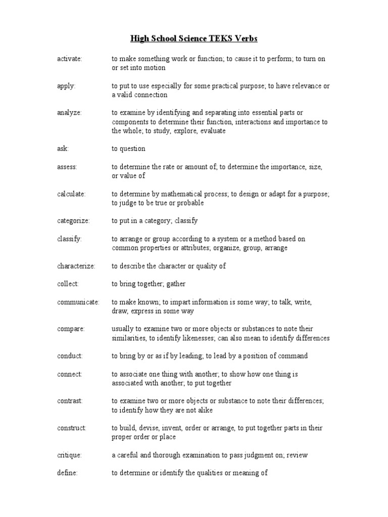 HS Science TEKS Verbs | PDF | Reason | Evidence