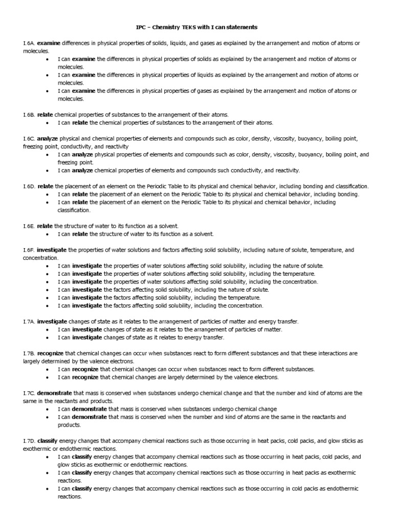 IPC Chemistry TEKS and I Can Statements | PDF | Solution | Chemistry