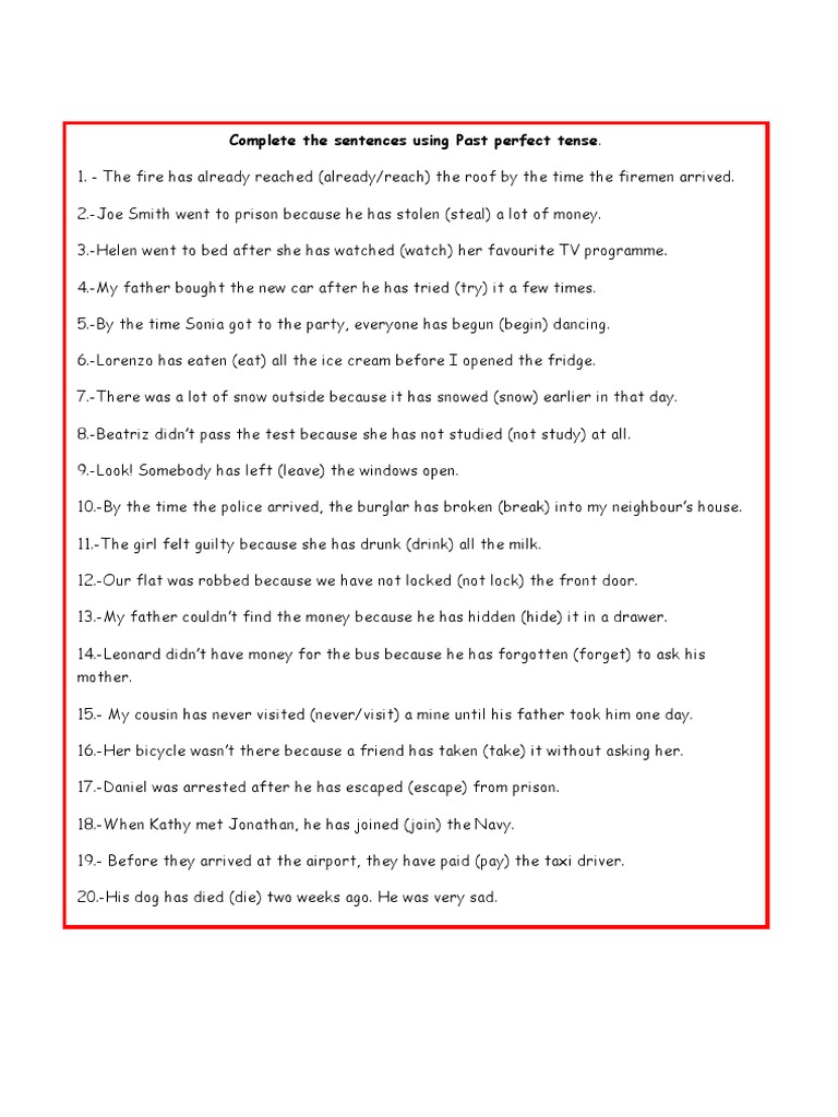 Complete The Sentences Using Past Perfect Tense | PDF