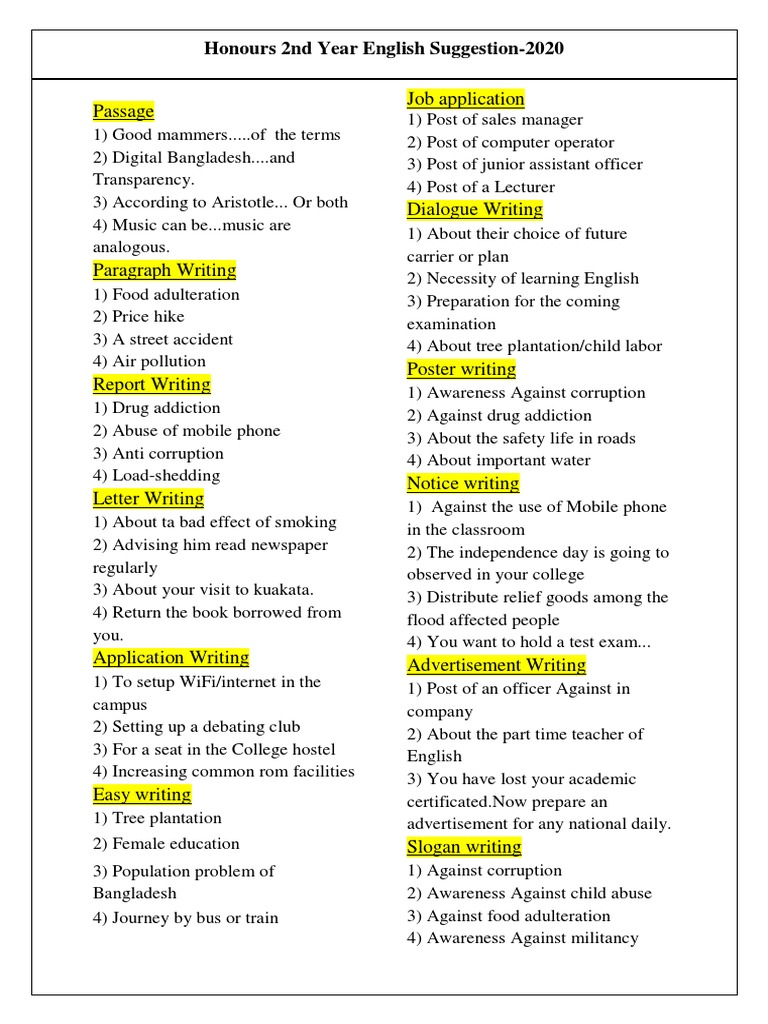 Suggested English Assignments for Second Year Honours Students Covering ...