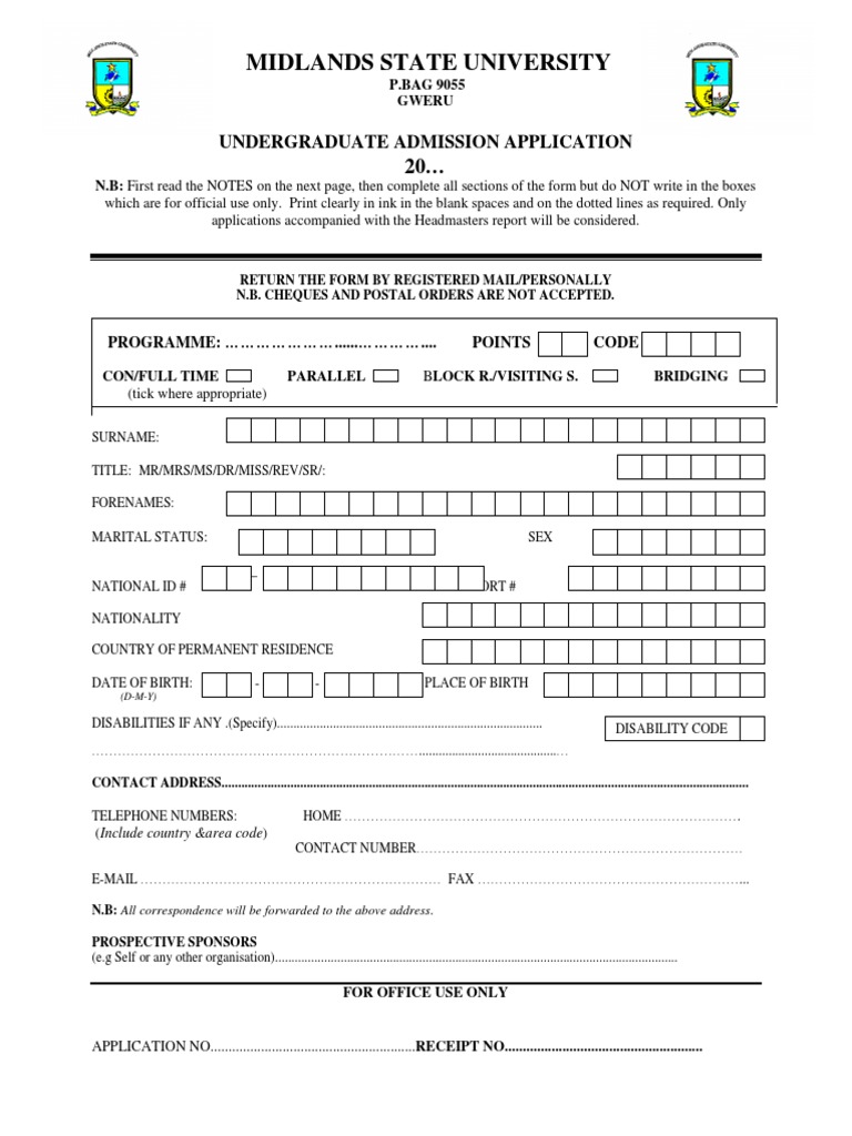 Midlands State University: Undergraduate Admission Application | PDF ...