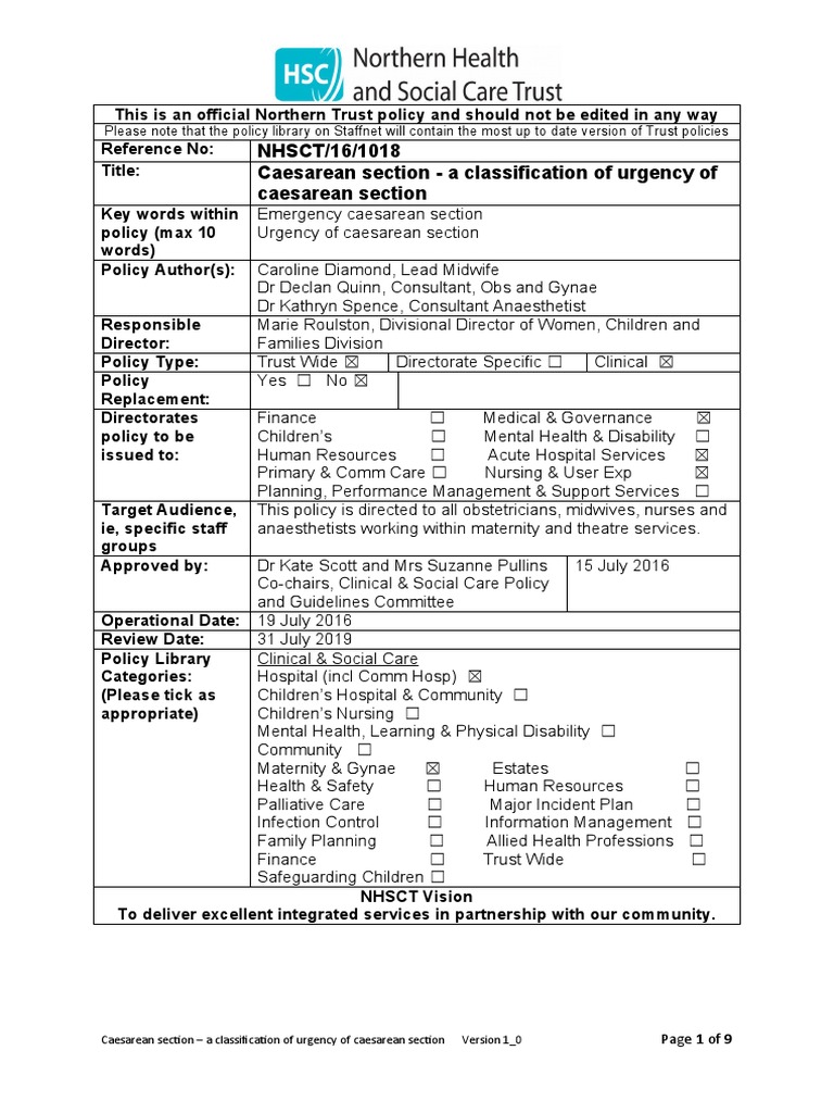 NHSCT/16/1018 Caesarean Section - A Classification of Urgency of ...