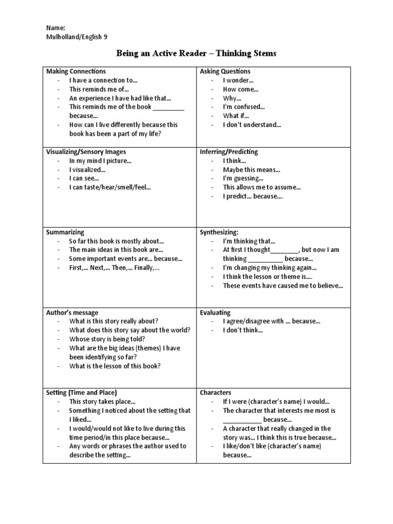 Being An Active Reader - Thinking Stems: Making Connections Asking ...