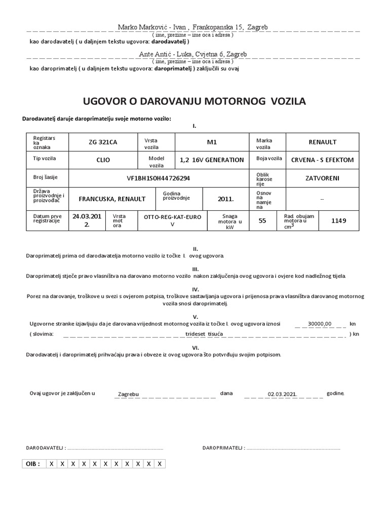 Ugovor o Darovanju Motornog Vozila 2021.god | PDF